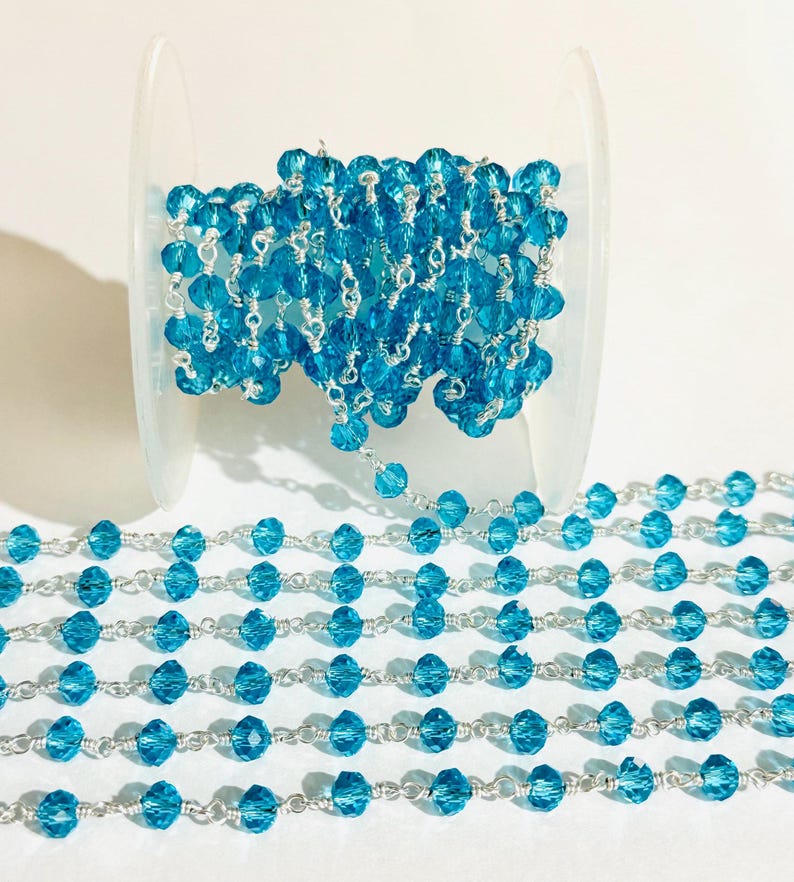 6mm Blue Topaz Crystal Bead Beaded Rosary Chain, Wire Wrapped Chain ...