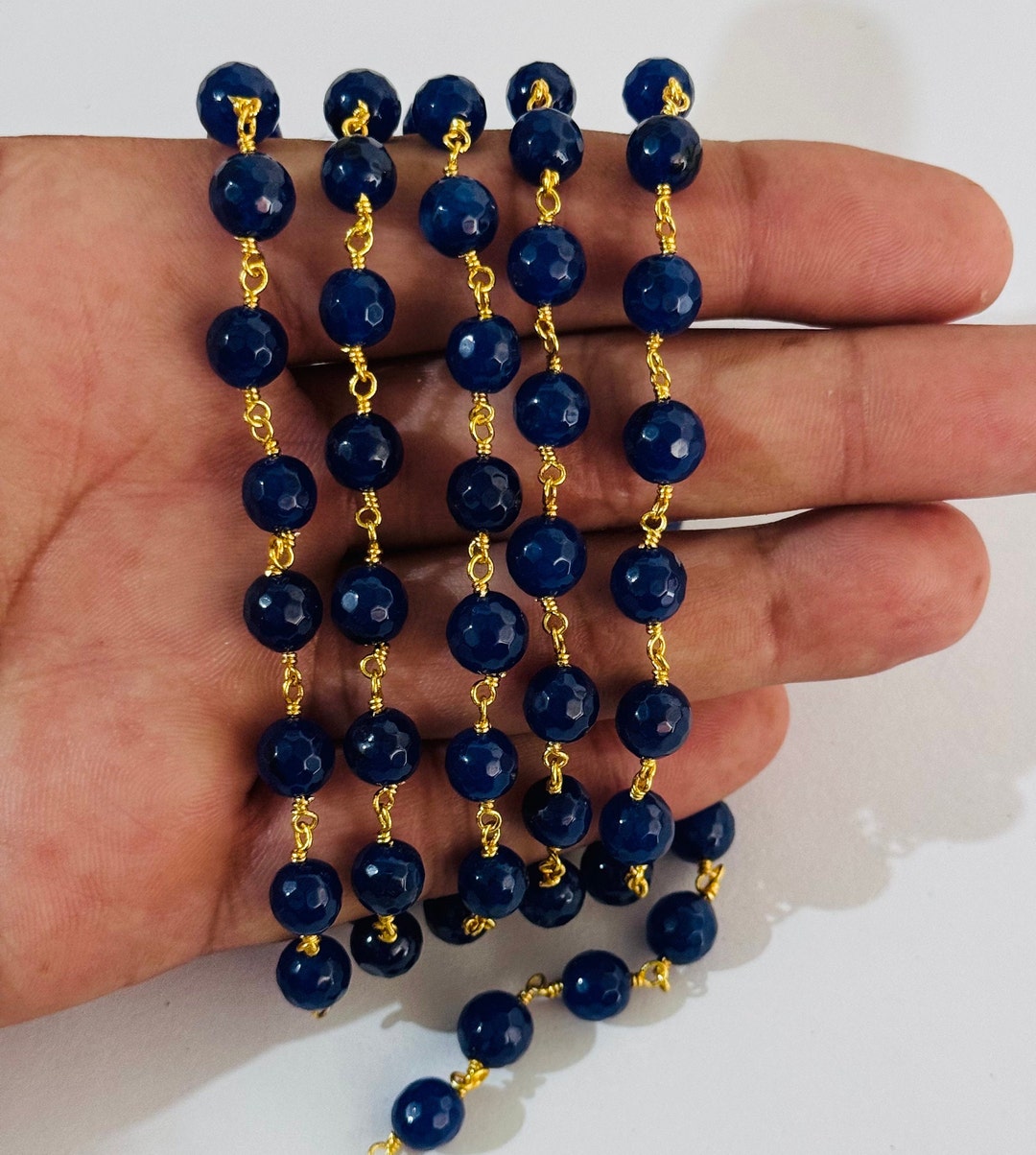 8mm Blue Gemstone Beads Rosary Chain, Gold Plated Chain, Handmade Chain ...
