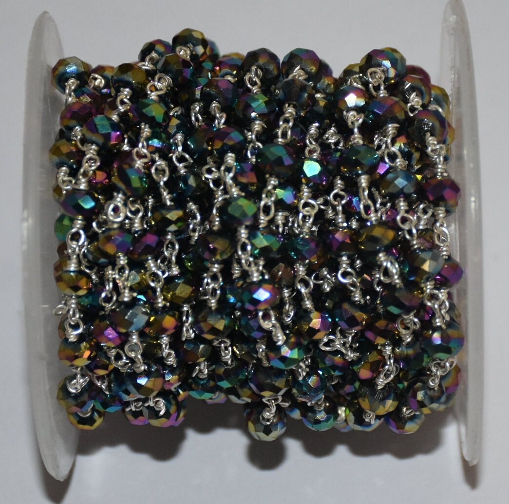 Peacock Pyrite Beaded Bulk Rosary Chain, Silver Plated Wire Wrapped ...