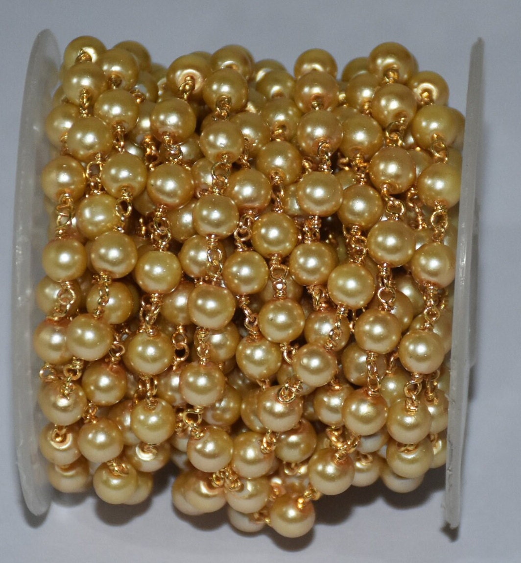 Golden Pearl Beaded Bulk Rosary Chain, Gold Plated Chain, Handmade ...