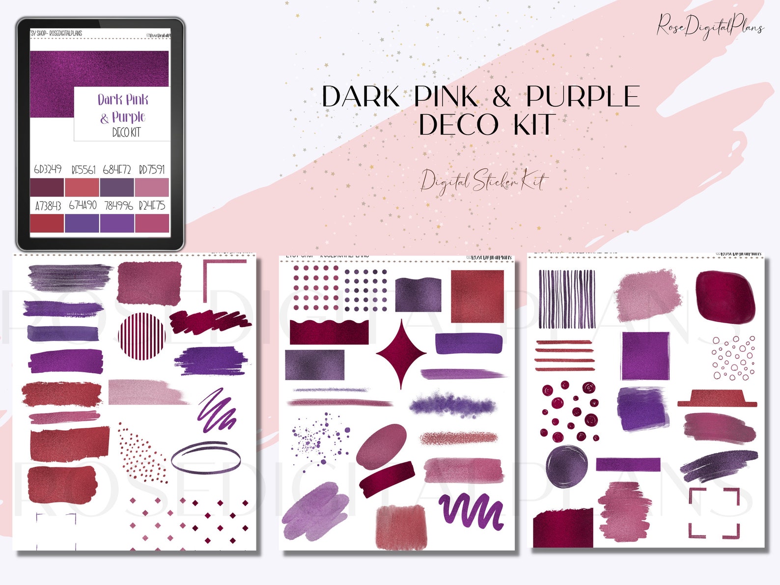 Pink and Purple Deco Sticker Kit, Set 39,digital Planner Sticker Kit ...