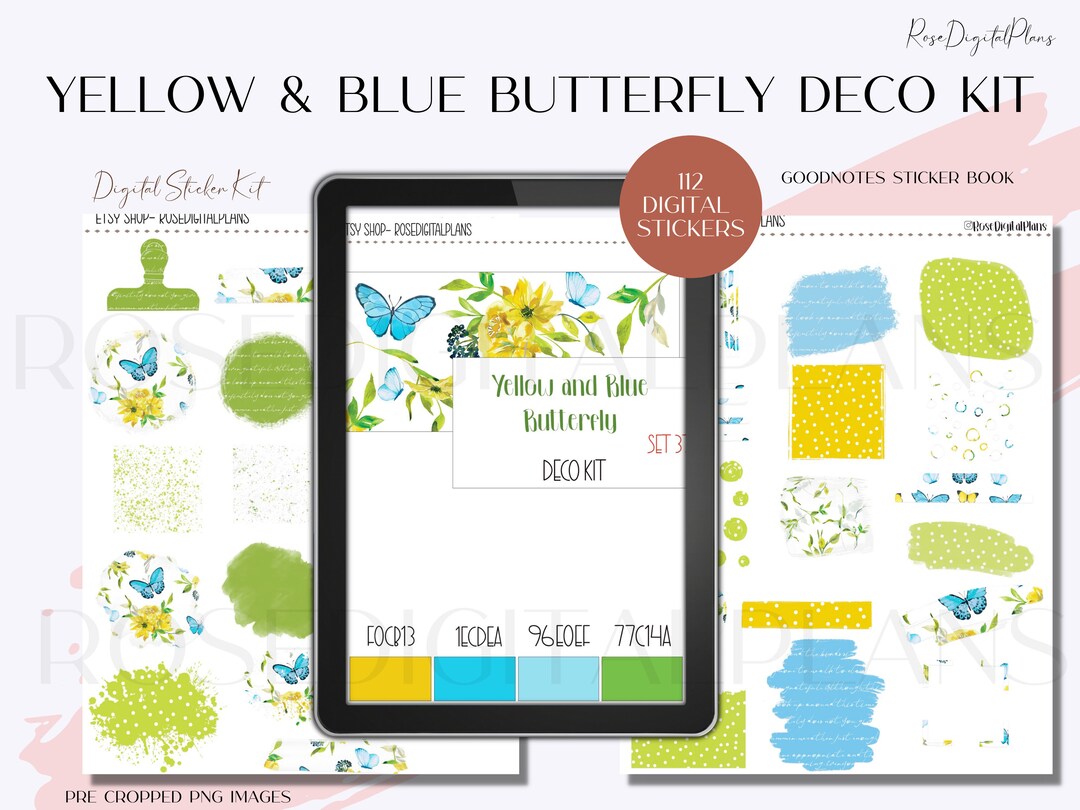 Yellow and Blue Butterfly Deco Sticker Kit, Set 33,digital Planner ...
