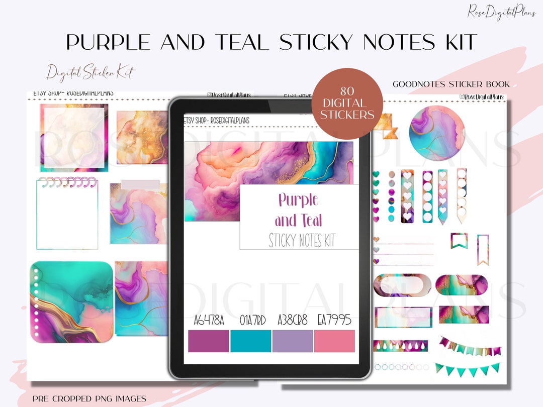 Purple and Teal Sticky Notes Digital Planning, Digital Planner Sticker ...