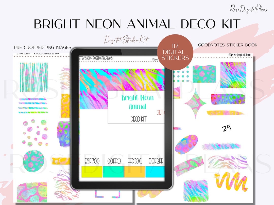 Bright Neon Animal Deco Sticker Kit, Set 61,digital Planner Sticker Kit ...