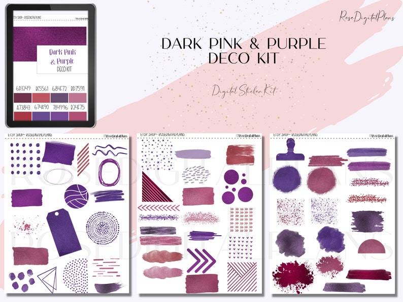Pink and Purple Deco Sticker Kit, Set 39,digital Planner Sticker Kit ...