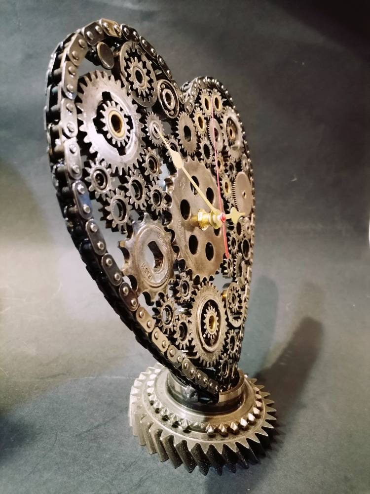 Heart-shaped Tabletop Clock Handmade With Metal Gears and Chain With ...