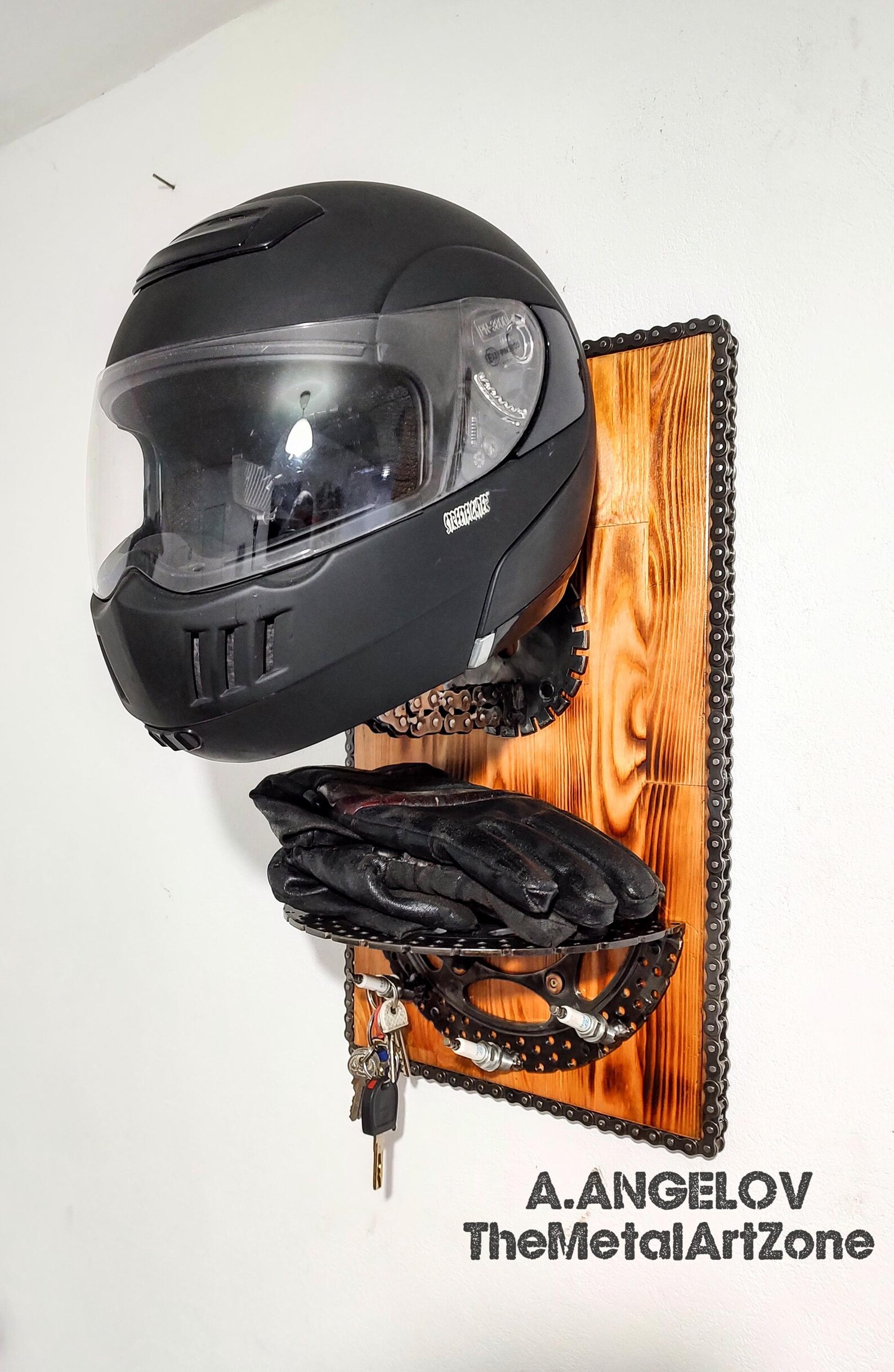 Handmade Wall Hanger, Motorcycle Helmet, Jacket, Gloves, Helmet, Keys ...