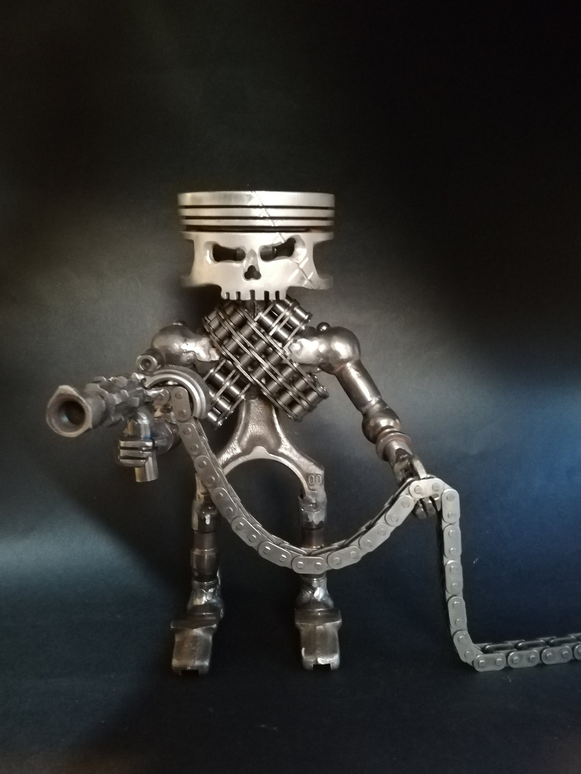 Piston Robot Figurine Made of Scrap Metal Autoparts Piston Skull Scar ...
