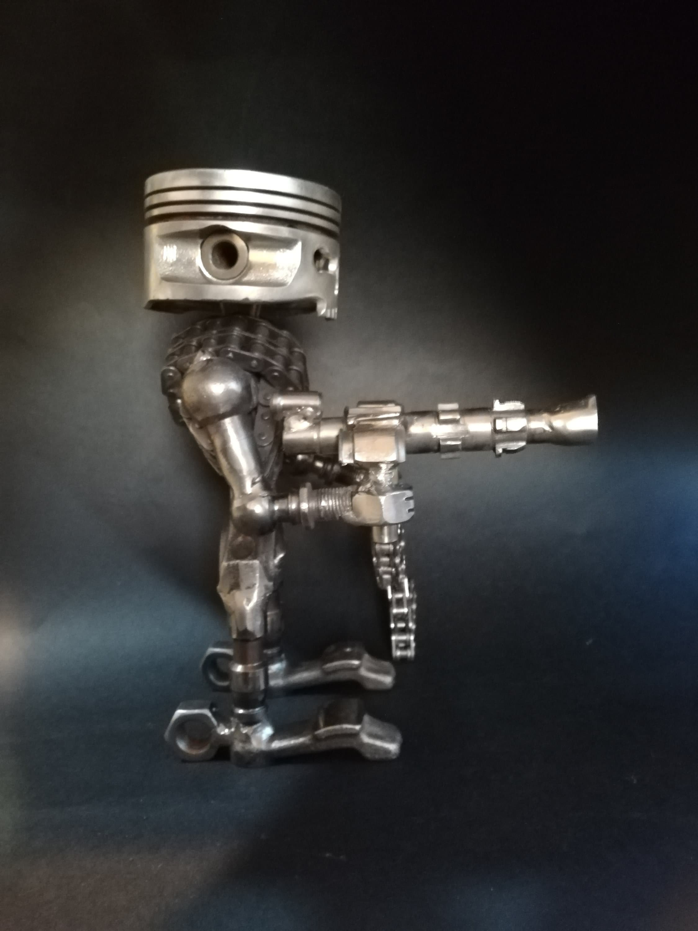Piston Robot Figurine Made of Scrap Metal Autoparts Piston Skull Scar ...