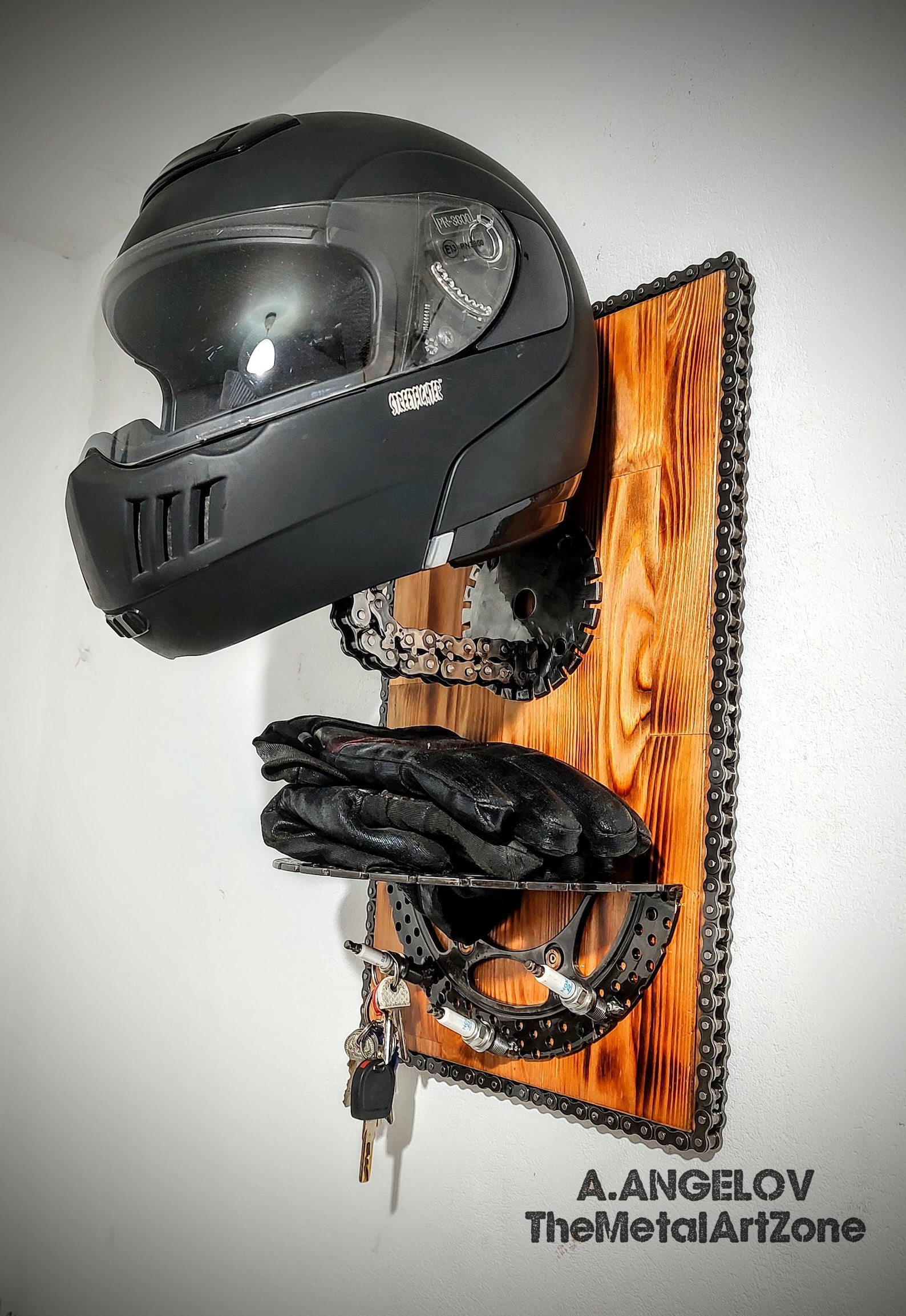 Handmade Wall Hanger, Motorcycle Helmet, Jacket, Gloves, Helmet, Keys ...