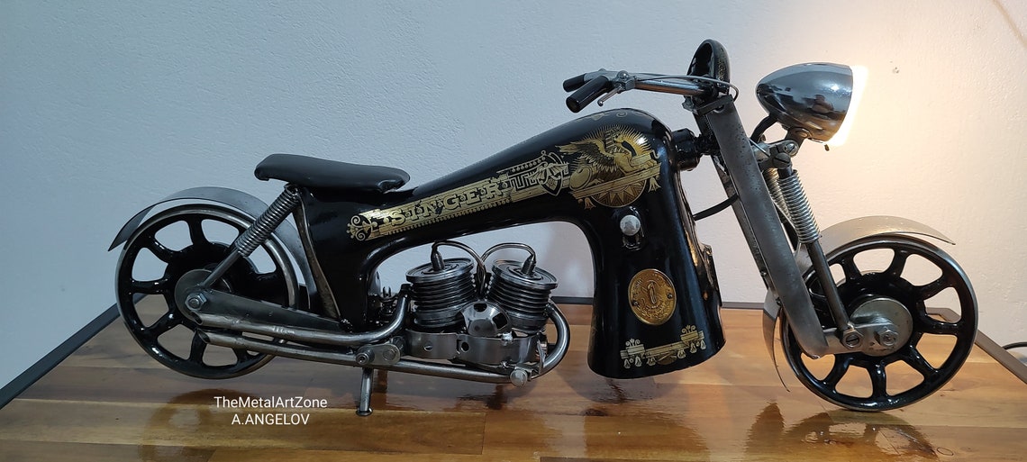 Retro Motorcycle Night Lamp Made of Scrap Sewing Machine Parts Handmade ...