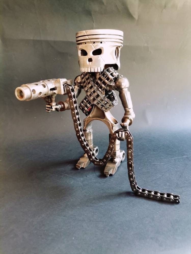 Piston Robot Figurine Made of Scrap Metal Autoparts Piston Skull Scar ...