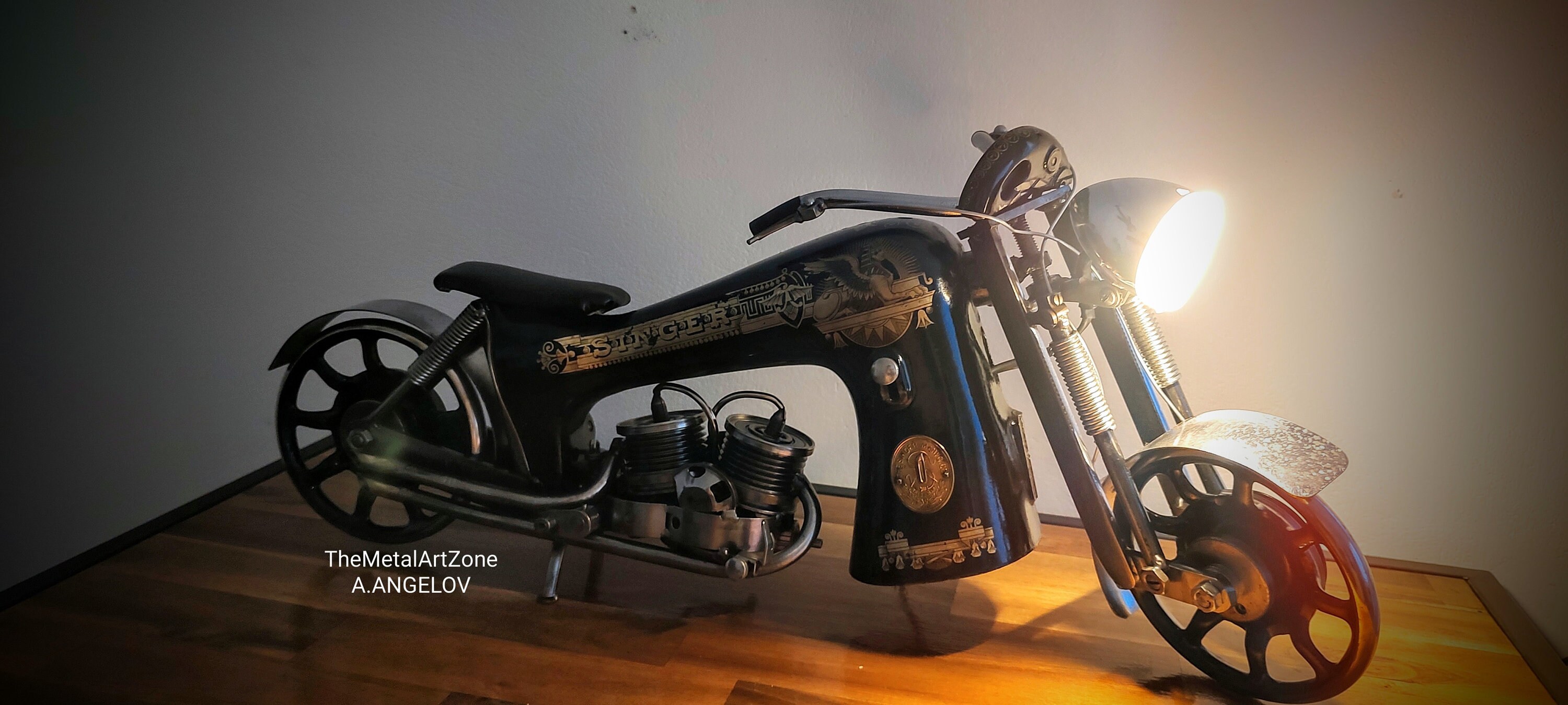 Retro Motorcycle Night Lamp Made of Scrap Sewing Machine Parts Handmade ...