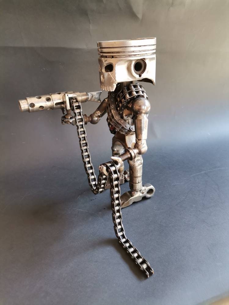 Piston Robot Figurine Made of Scrap Metal Autoparts Piston Skull Scar ...