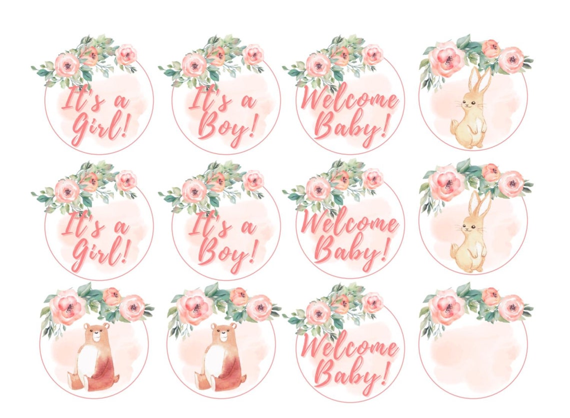 Pink Floral Printable Topper Baby Shower Cupcake Bunny Bear - Etsy