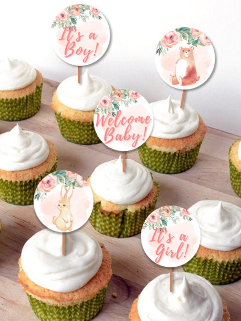 Pink Floral Printable Topper Baby Shower Cupcake Bunny Bear - Etsy