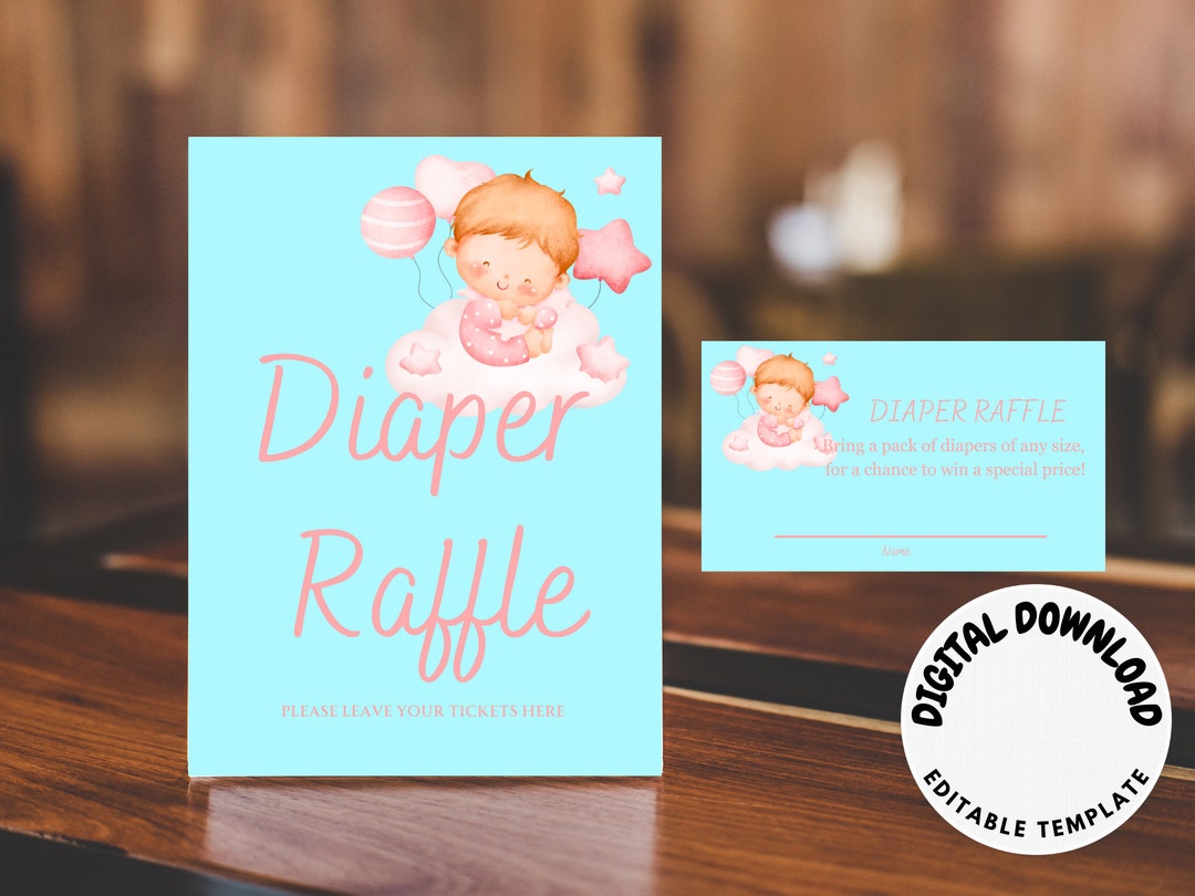 Tarjeta de Rifa de Pañales y Letrero Bebé en Nube con Globo y Comienzos ...