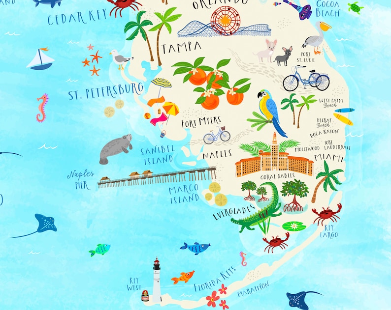 Florida Sightseeing Map Poster - Etsy