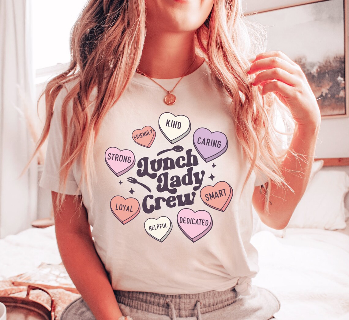 Groovy Lunch Lady Valentines Day Tee, Retro Candy Heart Crew Tshirt ...