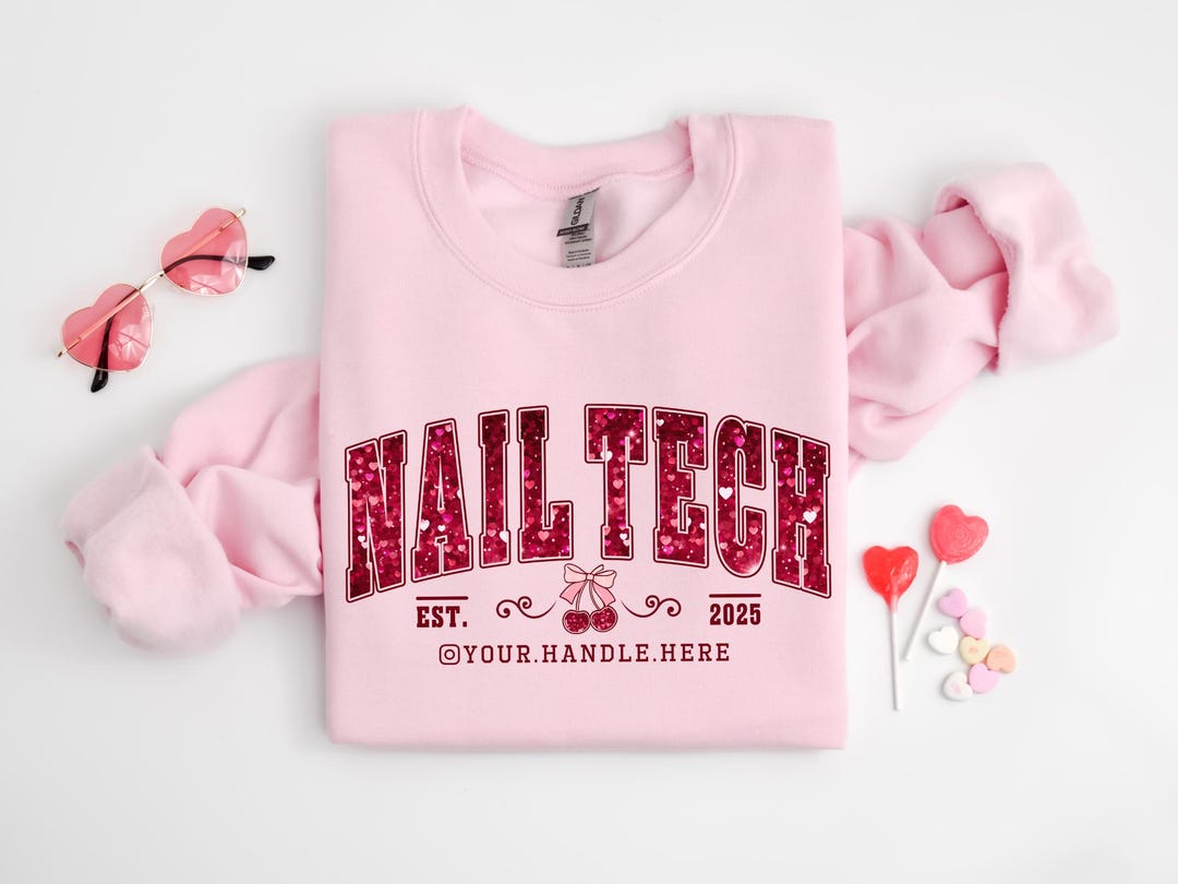 Custom Nail Tech Faux Glitter Valentines Day Sweatshirt, Nail Artist ...