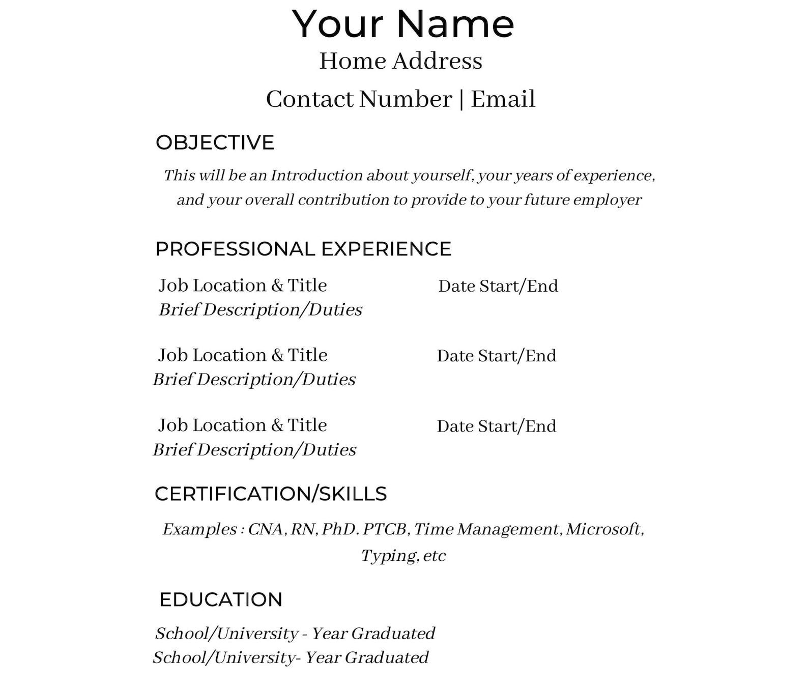 Traditional Resume Template, First Time Resume, Basic Resume, Easy ...