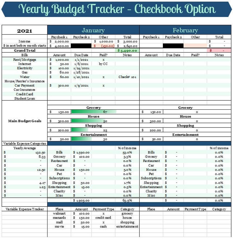 Yearly Budget Template- Checkbook Option - Etsy