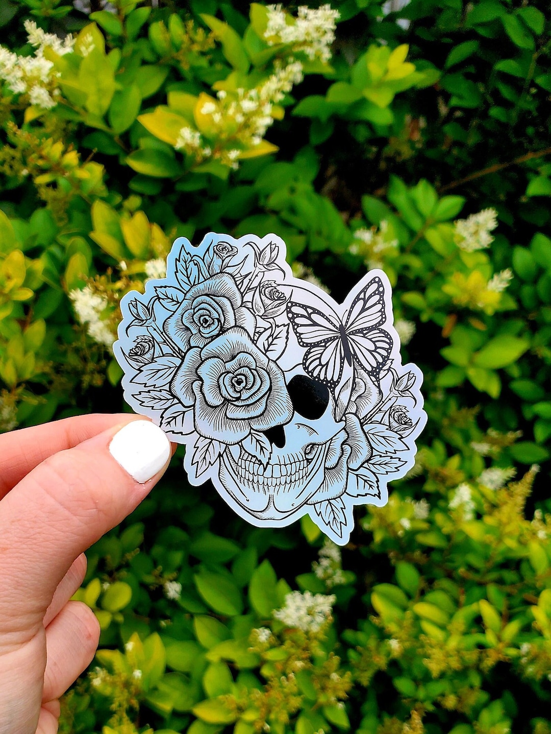 Holographic Skull With Flowers Sticker, Skull Sticker, Flower Sticker ...