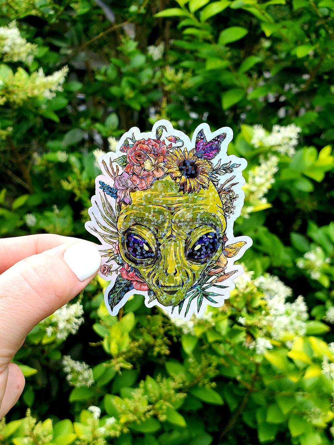 Holographic Glitter Alien in the Flowers Sticker, Cute Green Alien ...