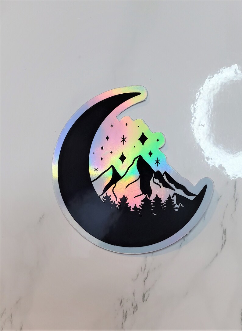Holographic Mountain Moon Sticker, Holo Outdoors Lover Sticker, Nature ...