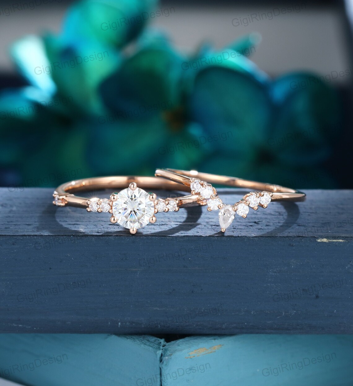 Round Cut Rose Gold Engagement Ring Set Moissanite Engagement | Etsy