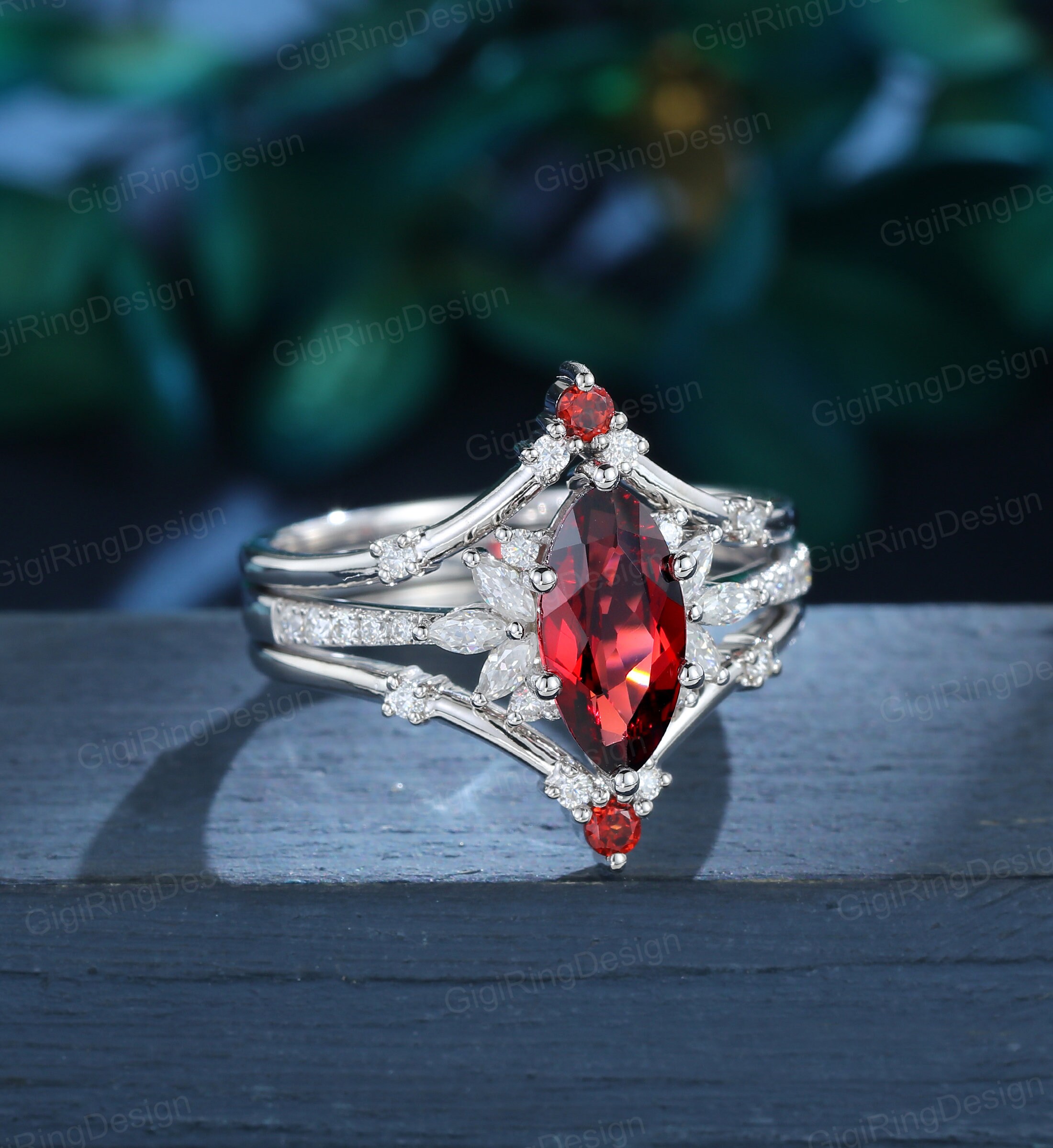 3PCS Marquise Garnet Engagement Ring Set Cluster Moissanite - Etsy