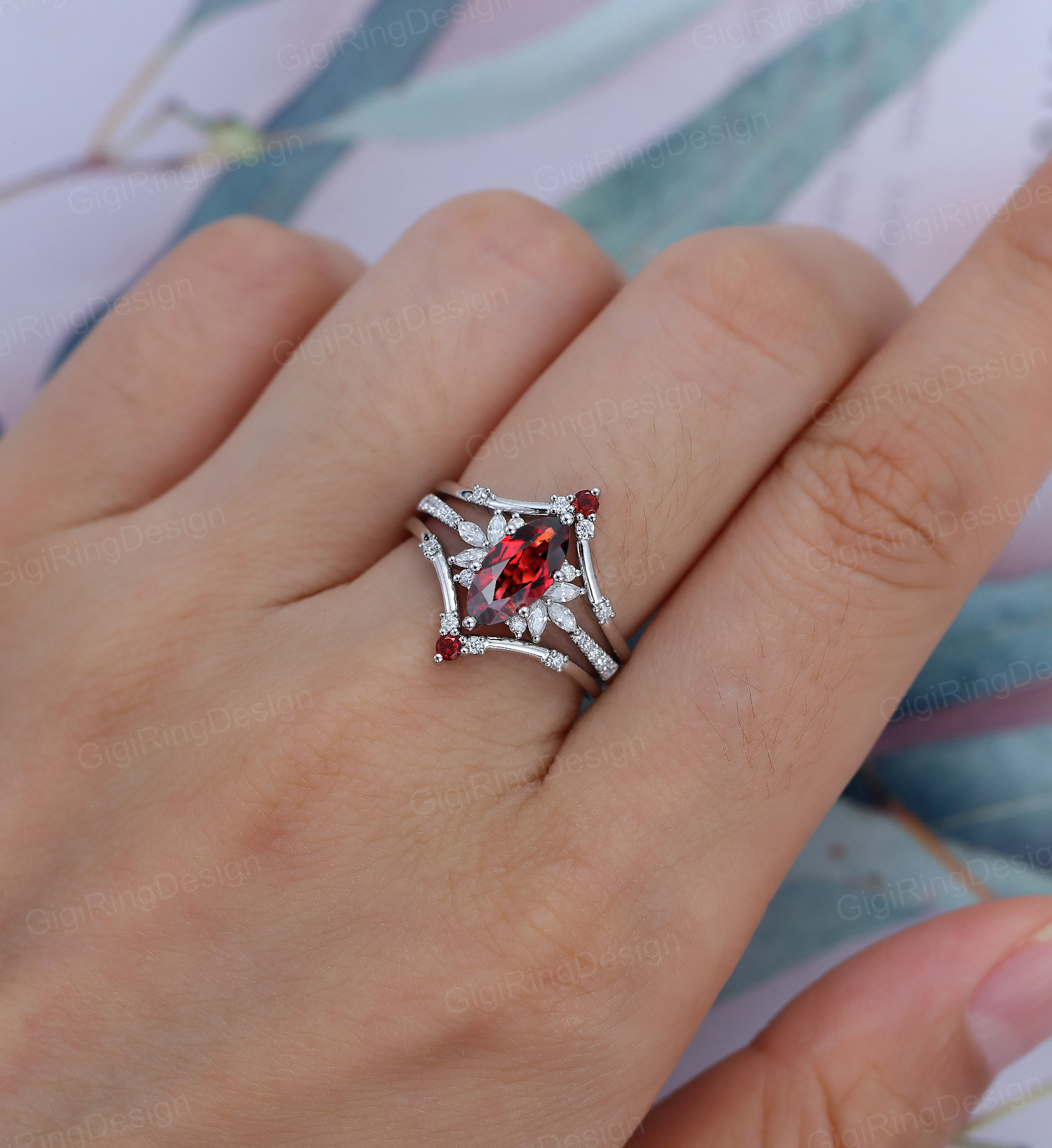 3PCS Marquise Garnet Engagement Ring Set Cluster Moissanite - Etsy