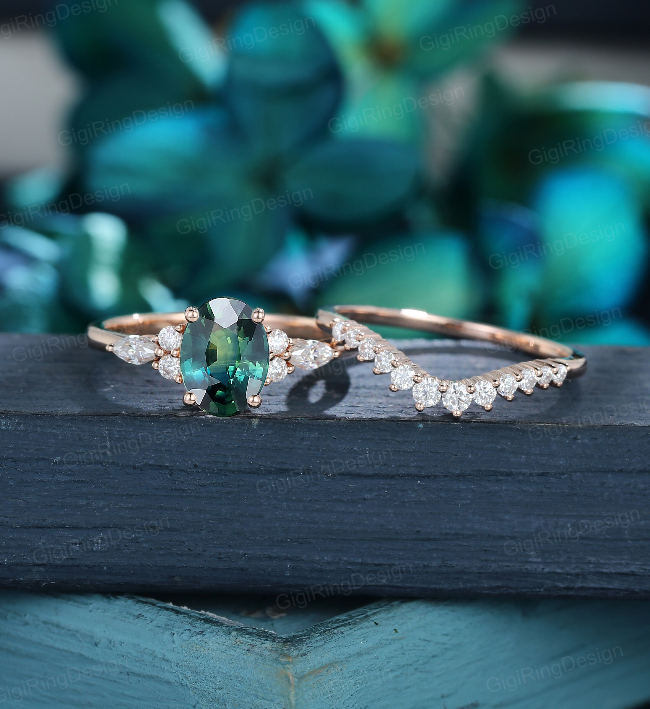Oval Blue Green Sapphire Engagement Ring Rose Gold Engagement | Etsy