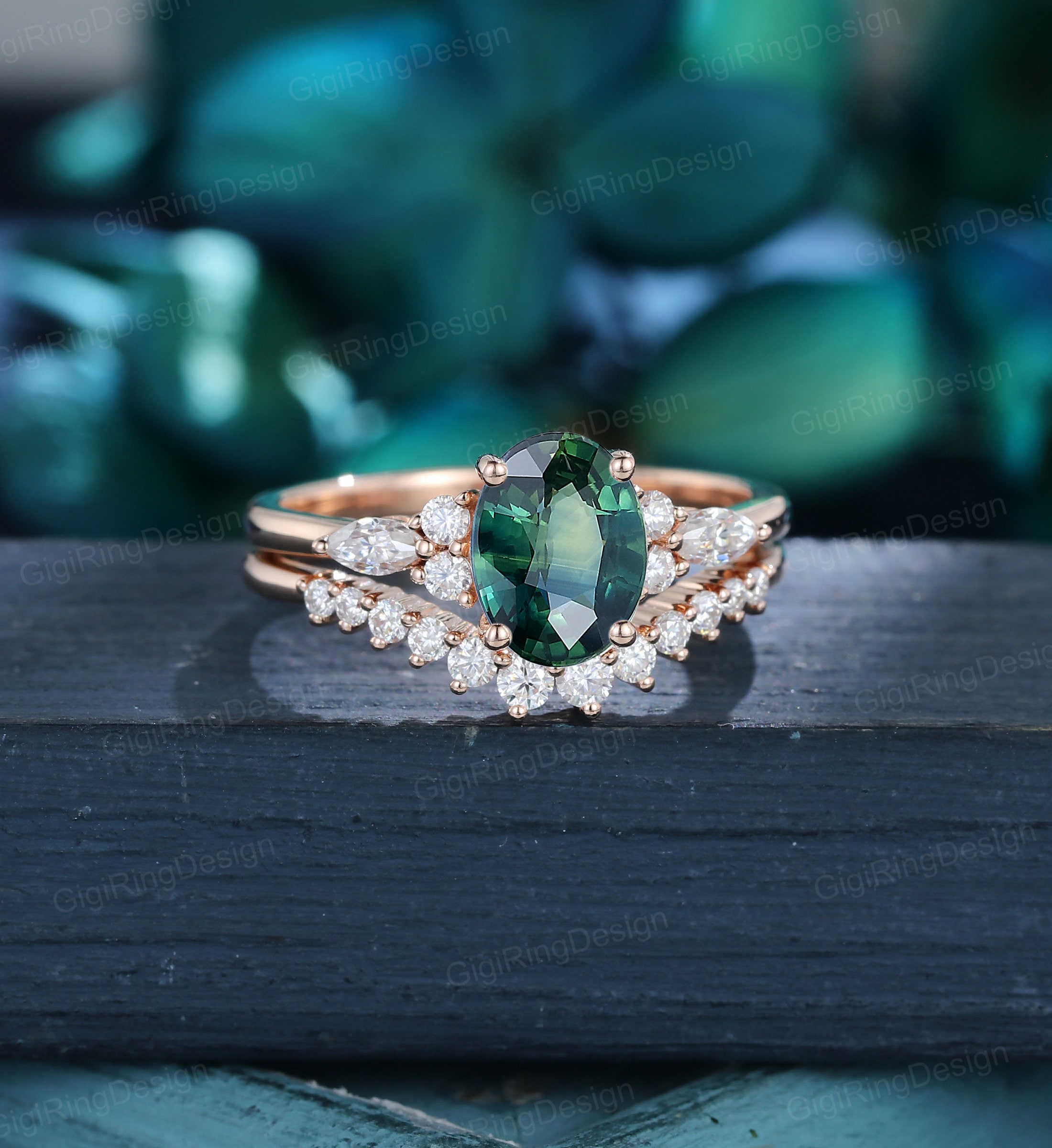 Oval Blue Green Sapphire Engagement Ring Rose Gold Engagement | Etsy