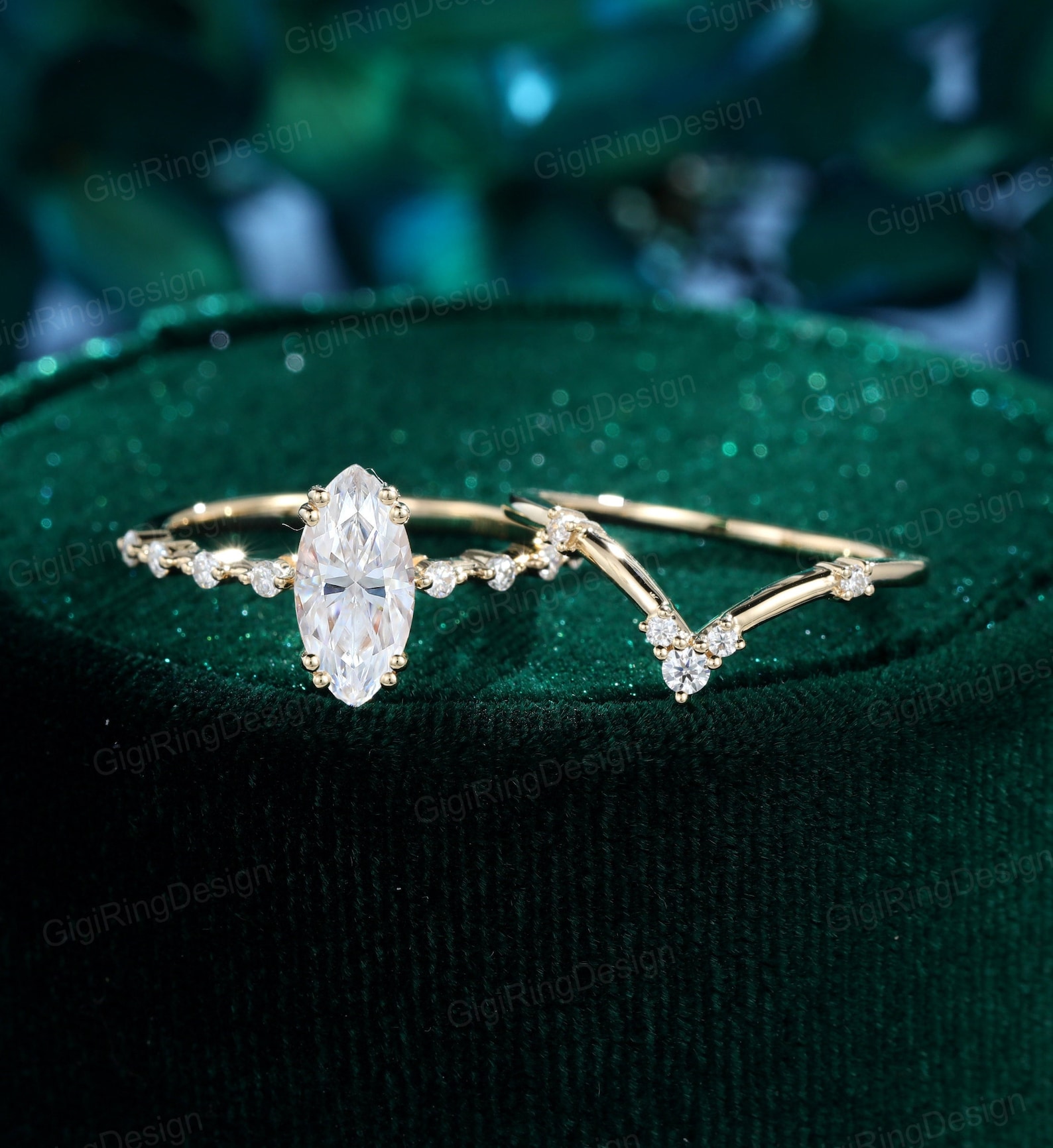 Vintage Marquise Engagement Ring Set Yellow Gold Moissanite Engagement ...