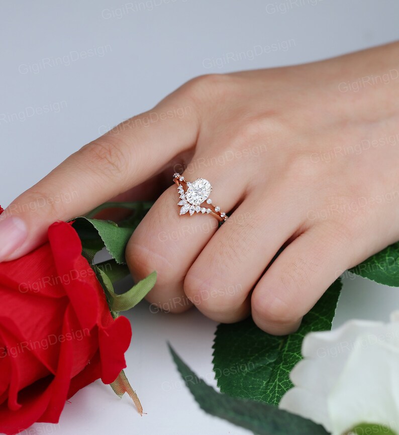 Oval Cut Moissanite Engagement Ring Set Rose Gold Engagement - Etsy