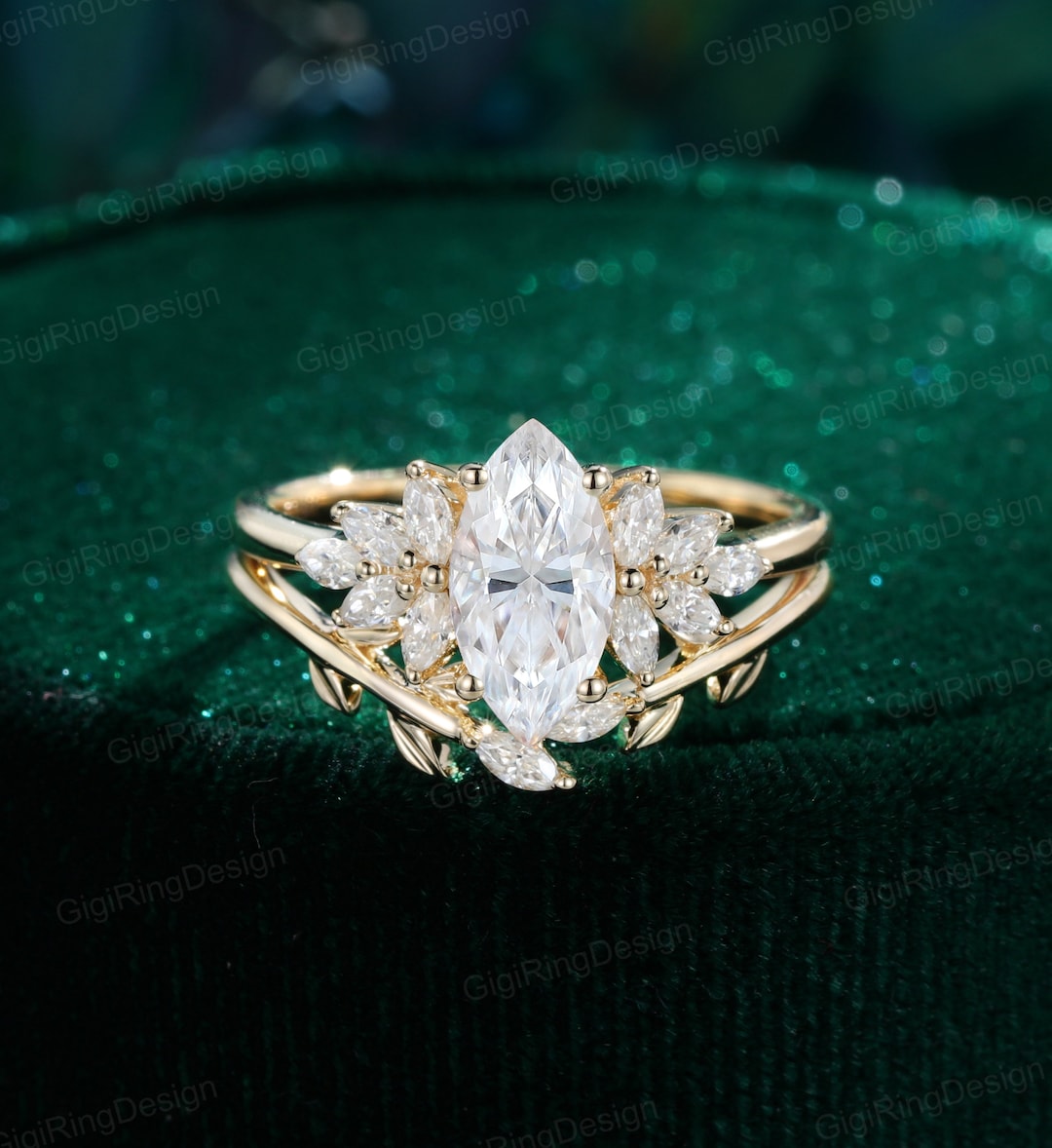 1CT Marquise Shaped Engagement Ring Set Unique Women Yellow Gold ...