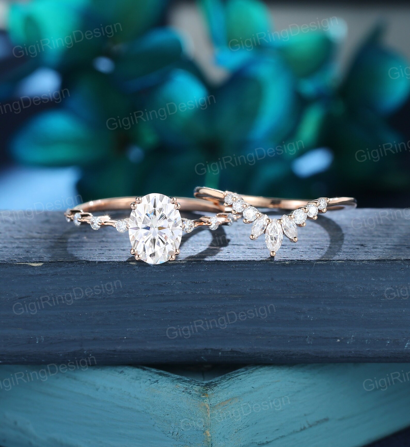 Oval Cut Moissanite Engagement Ring Set Rose Gold Engagement - Etsy