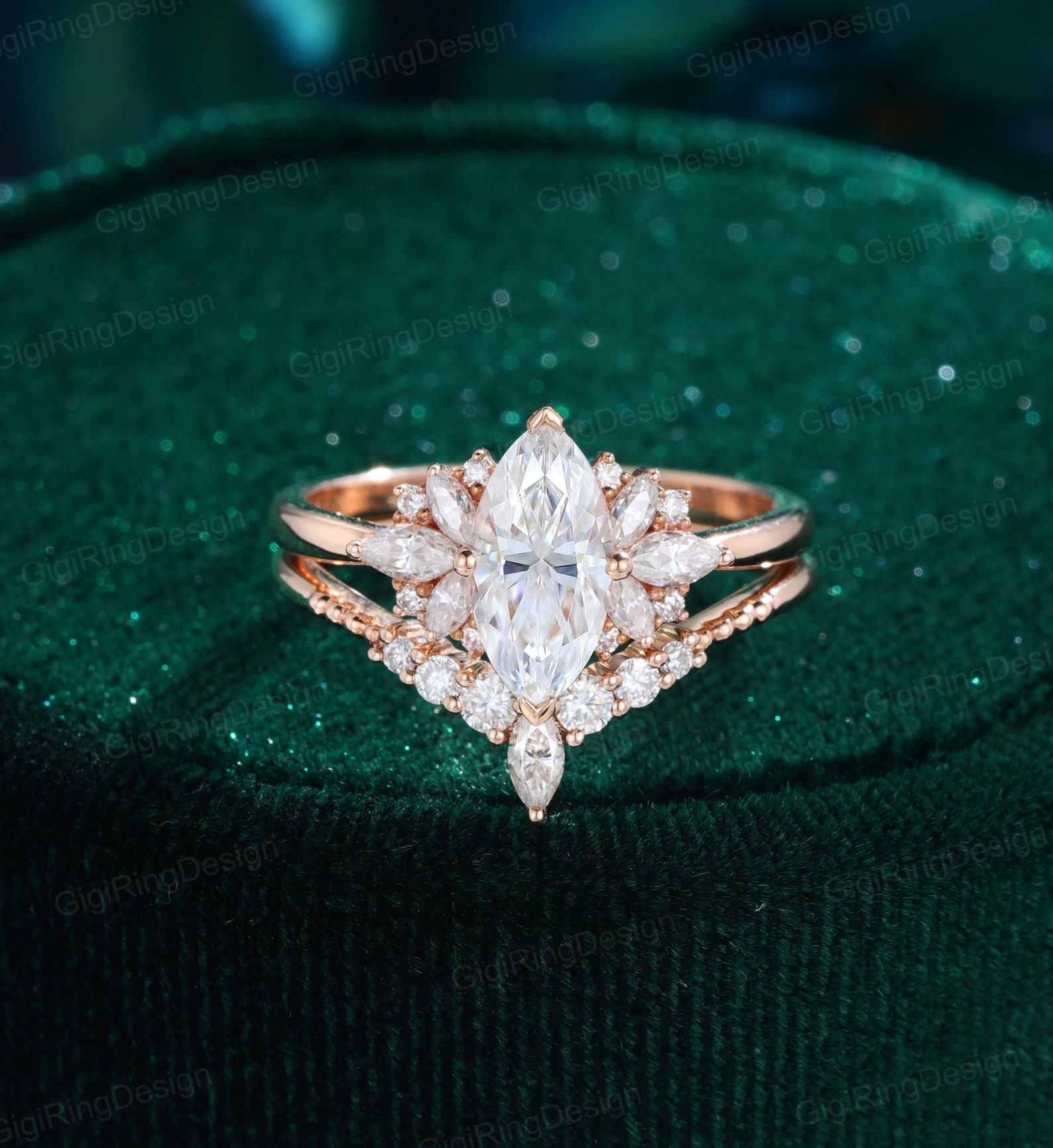 Marquise Moissanite Engagement Ring Set Vintage Rose Gold - Etsy