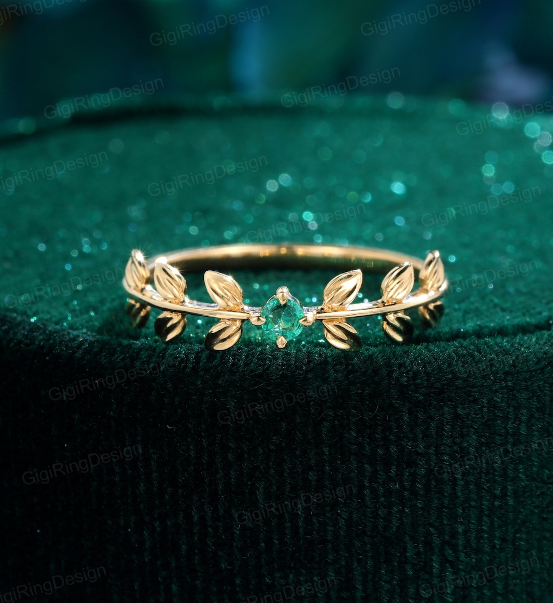 Emerald Engagement Ring Leaf Design Yellow Gold Vintage Engagement Ring ...