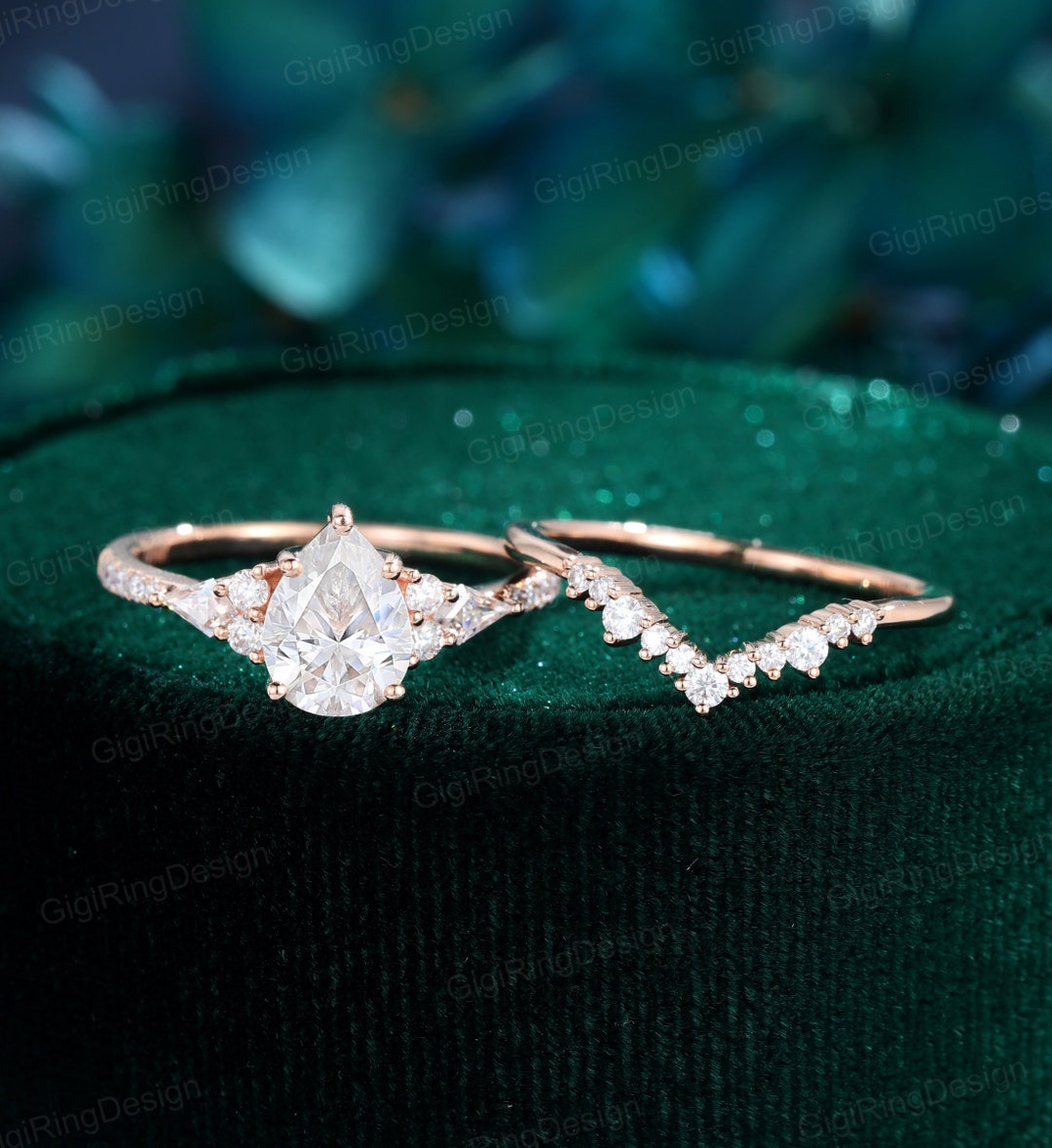 Vintage Pear Shape Engagement Ring Set Unique Moissanite Ring Kite Cut ...
