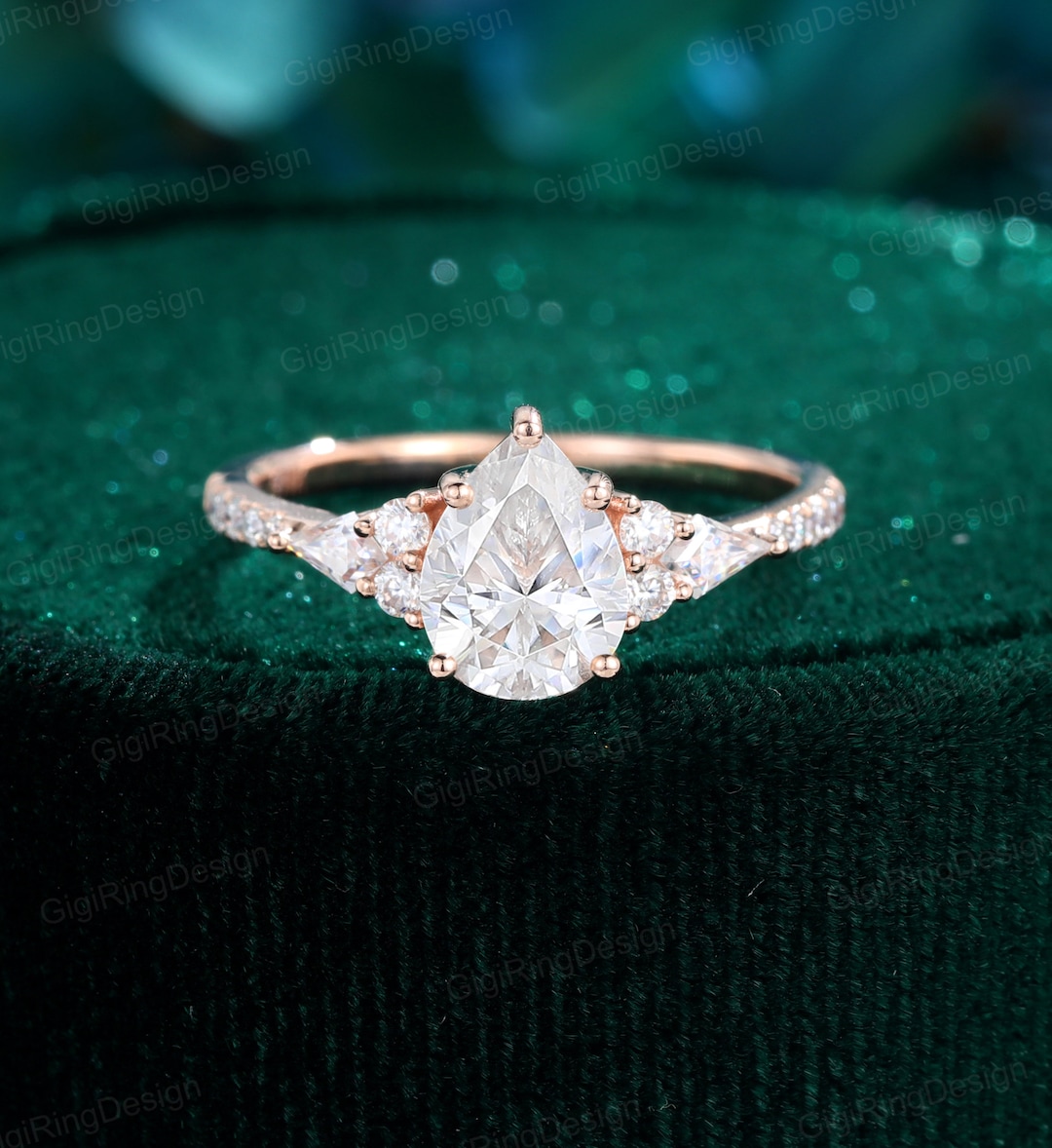 Vintage Pear Shaped Engagement Ring Unique Moissanite Ring Kite Cut ...