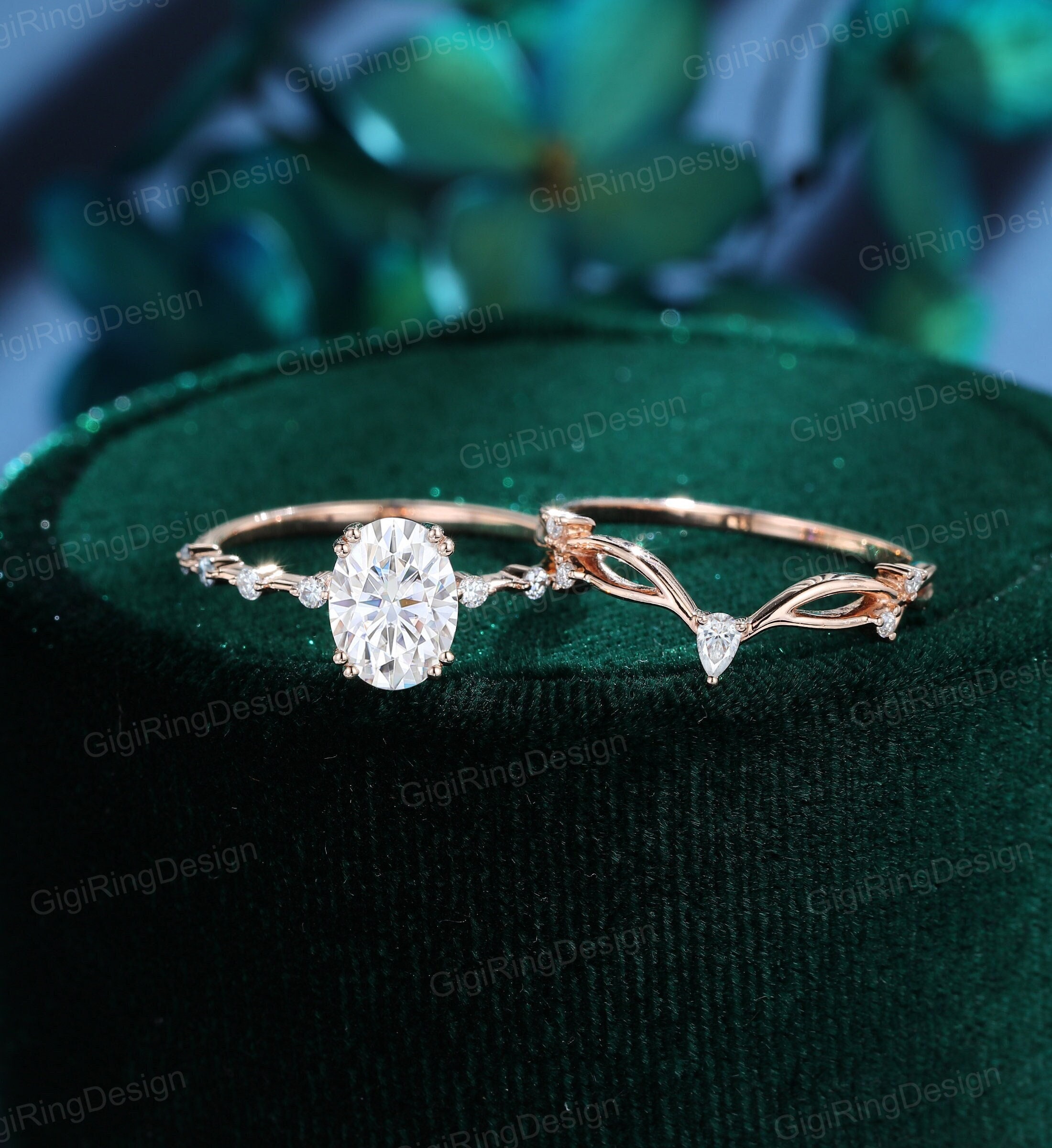 Oval Cut Moissanite Engagement Ring Set Unique Rose Gold - Etsy