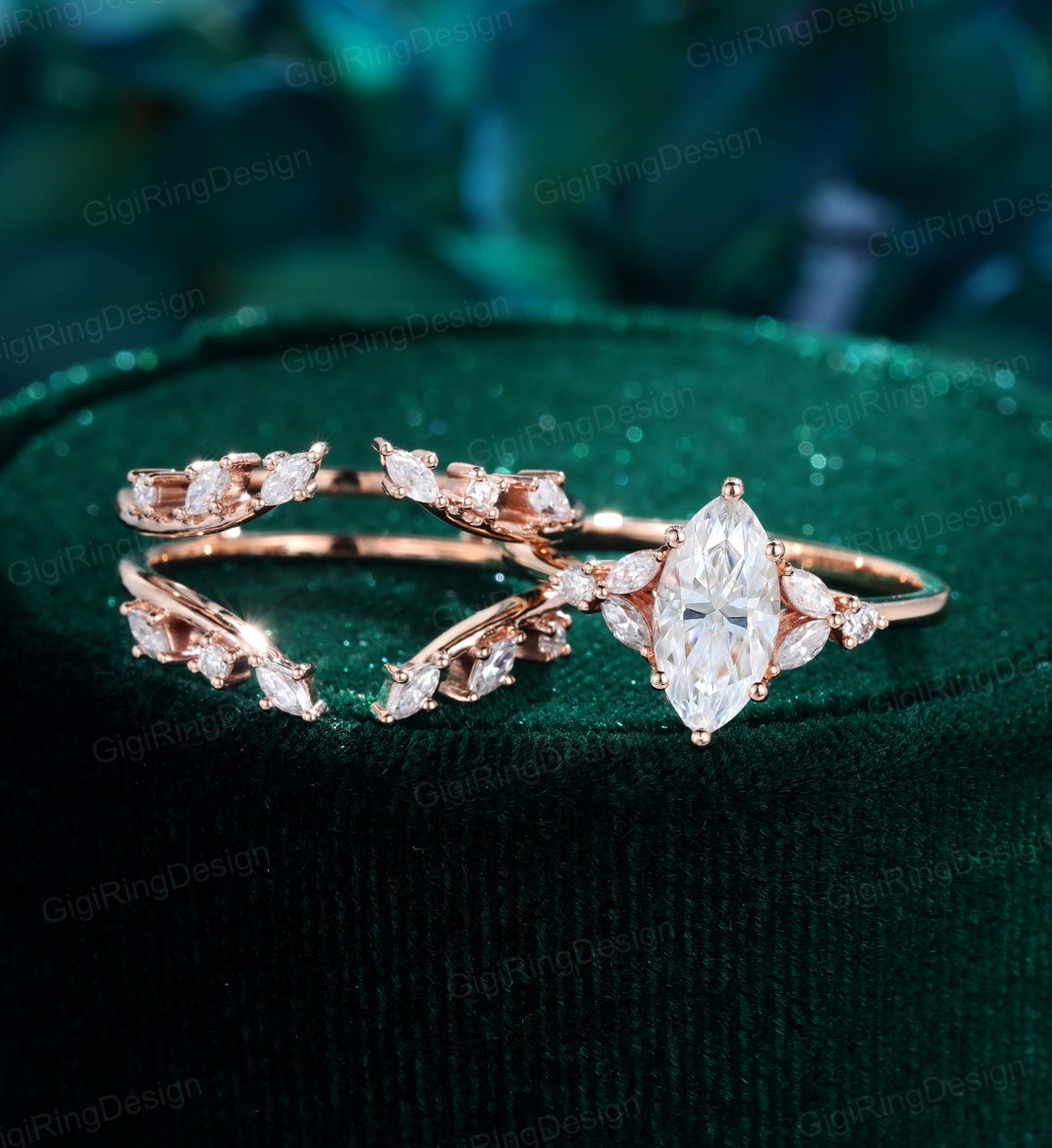Vintage Marquise Moissanite Engagement Ring Set Cluster Diamond Rose ...
