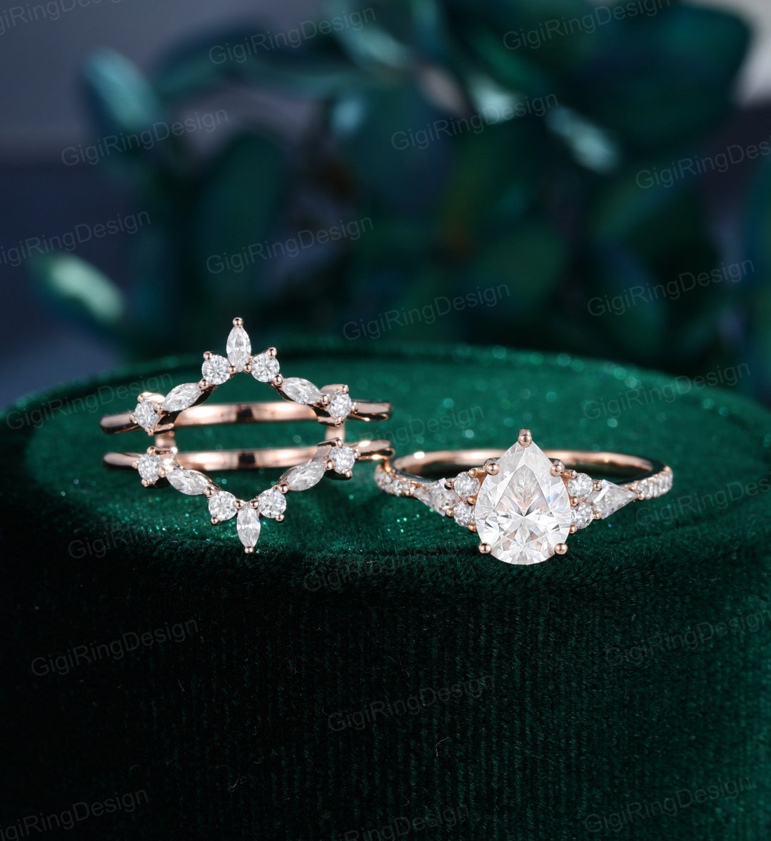Vintage Pear Cut Moissanite Engagement Ring Set 14K Rose Gold Enhancer ...