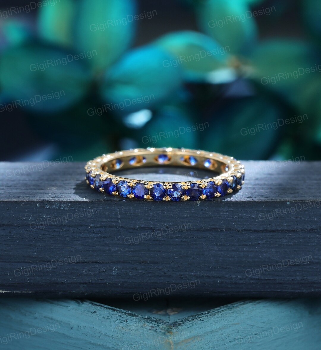 Nature Sapphire Wedding Band Women Unique Rose Gold Wedding Band Full ...