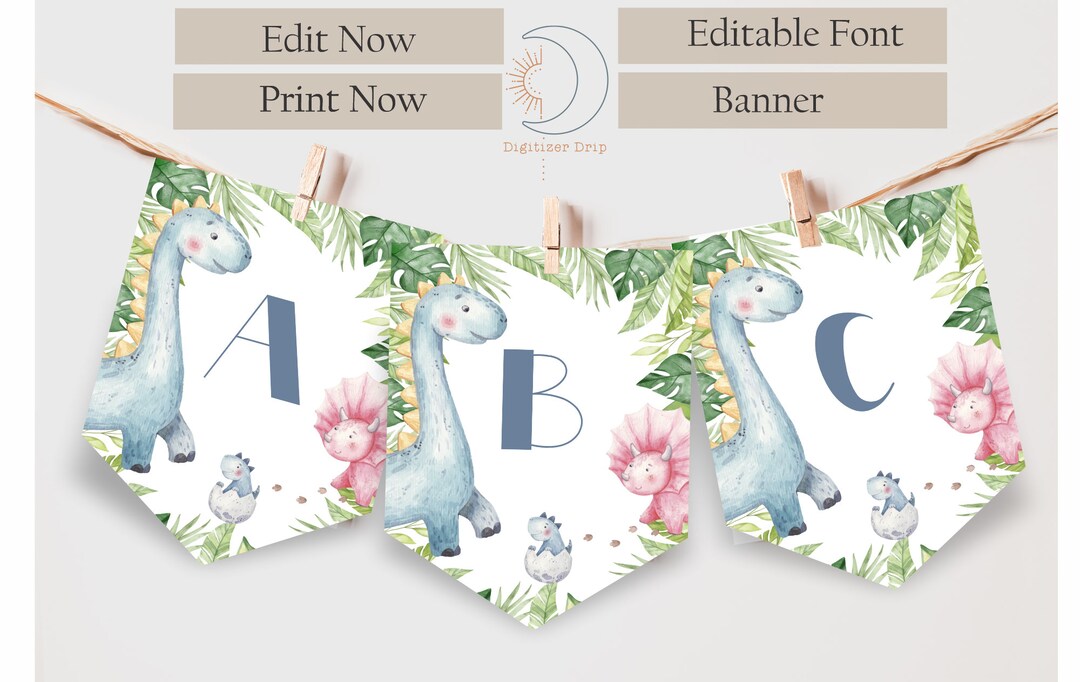 Editable Dinosaurs Printable Banner 7.5x9.5 - Etsy