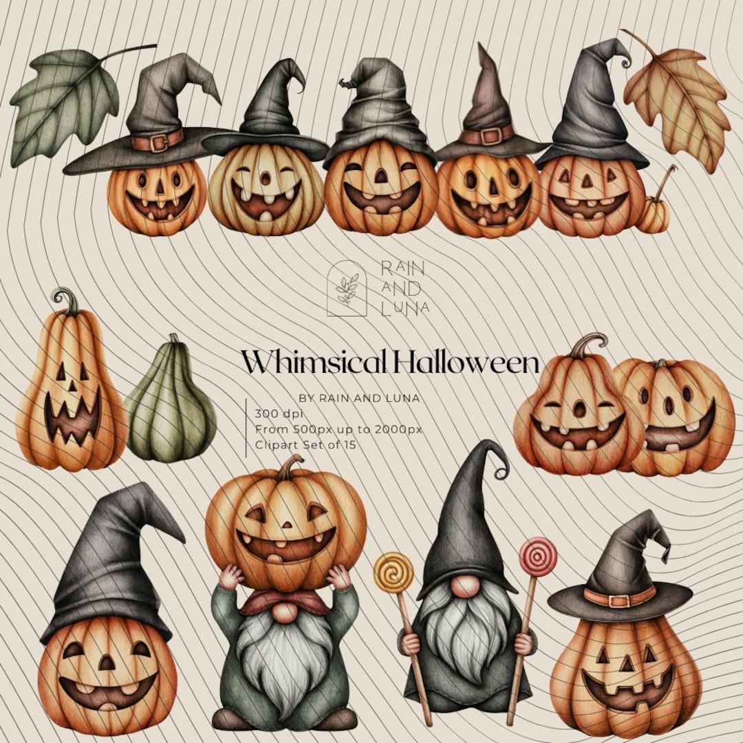 Whimsical Halloween Watercolor Clipart Set © Rain & Luna | Cute Pumpkin ...