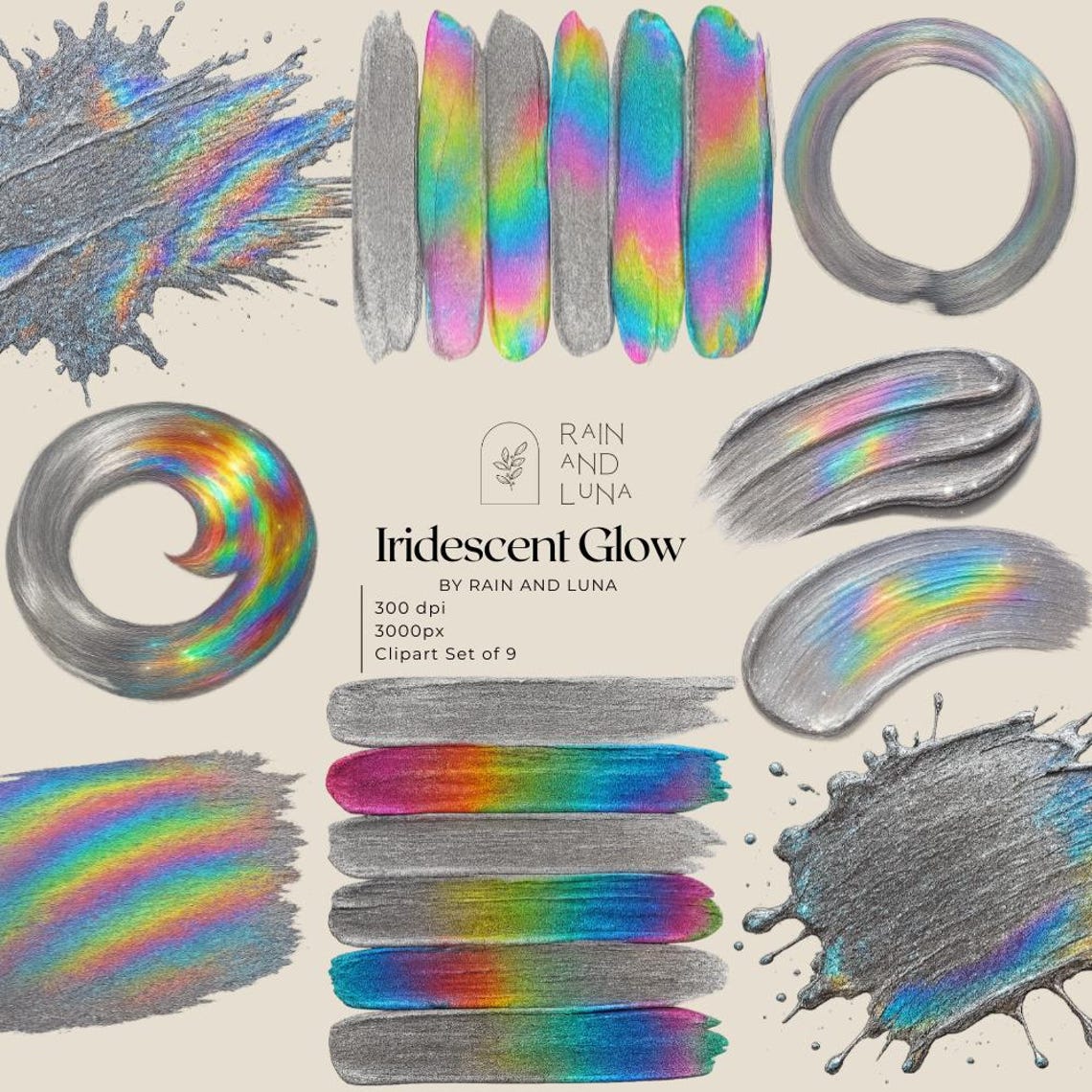 Iridescent Glow – Holographic Brush Stroke Bundle (9 Pngs) - Etsy