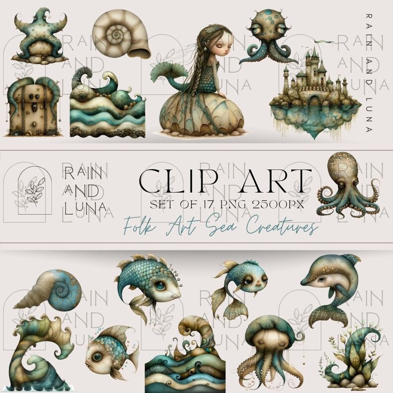 Folk Art Sea Creatures Watercolor Illustration Set - Etsy